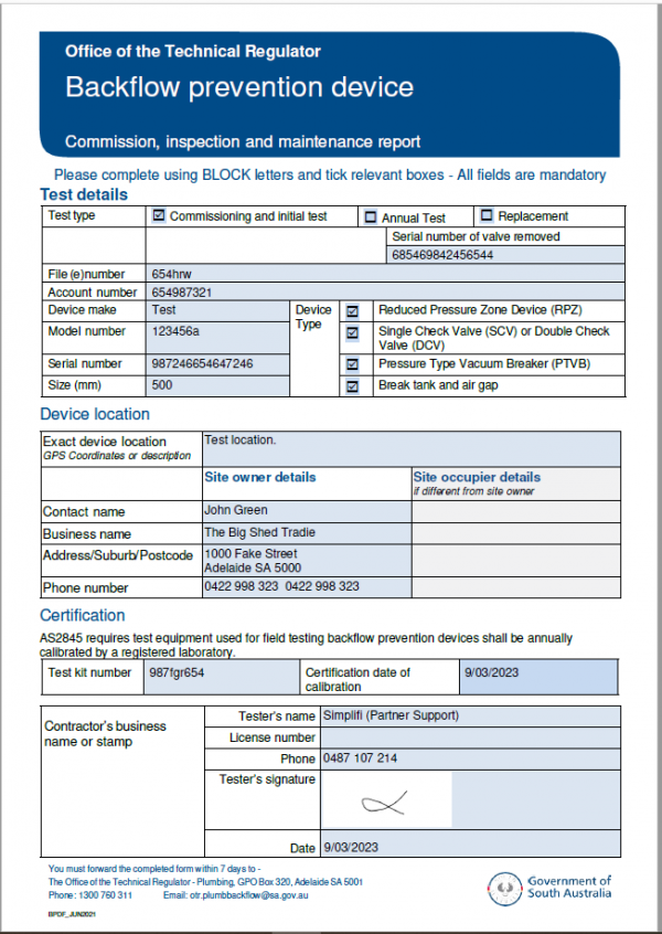 ServiceM8 Form - Backflow Prevention Device - SA